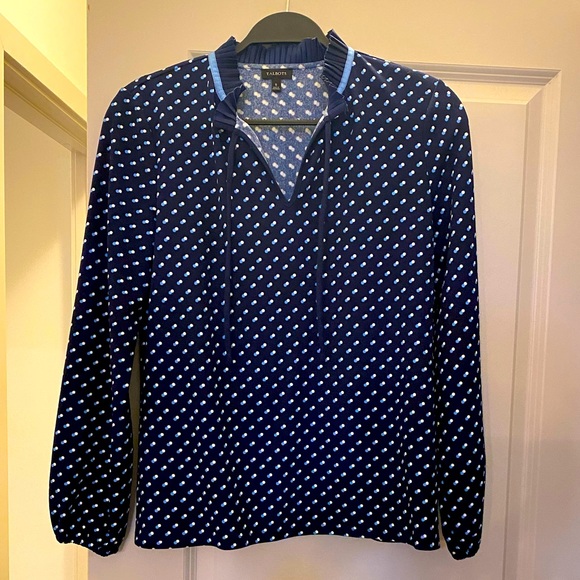 Talbots | Tops | Talbots Navy Dot Ruffle Neck Blouse | Poshmark